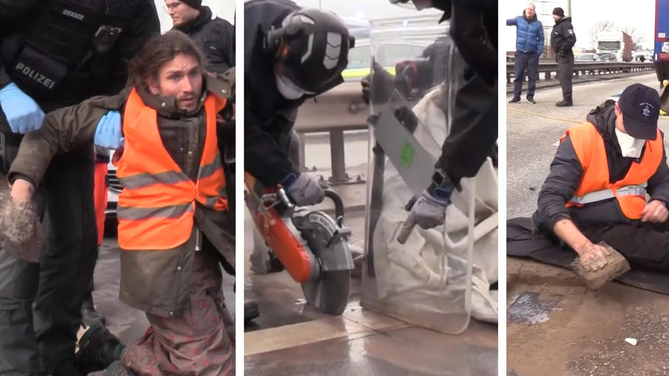 Klima-Kleber legen Hamburg lahm: Aktivist von Straße geflext - seine Beton-Hand ging schon mal viral